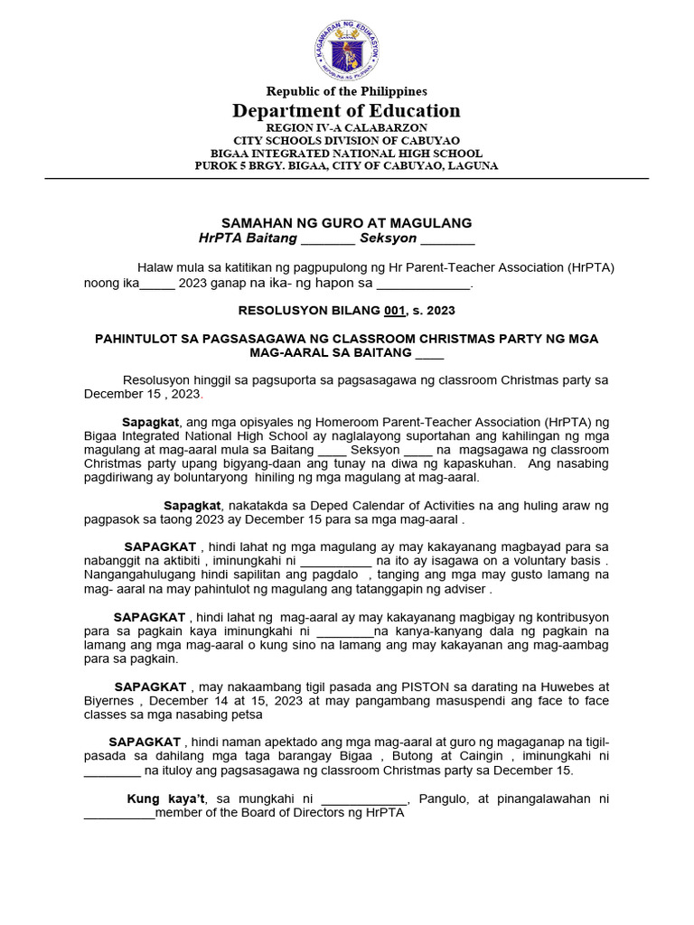 HrPTA Resolution 1 | PDF