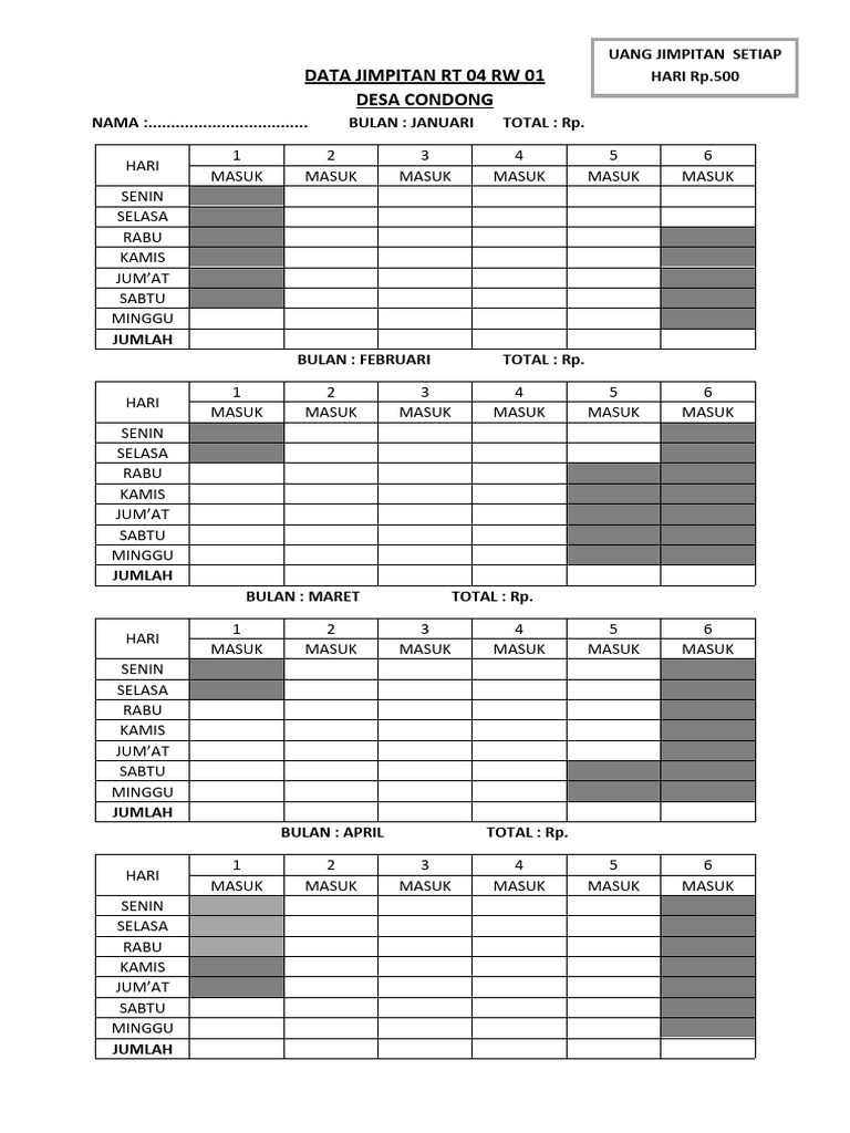Data Jimpitan RT 04 RW 01 Dan Jadwal Ronda | PDF