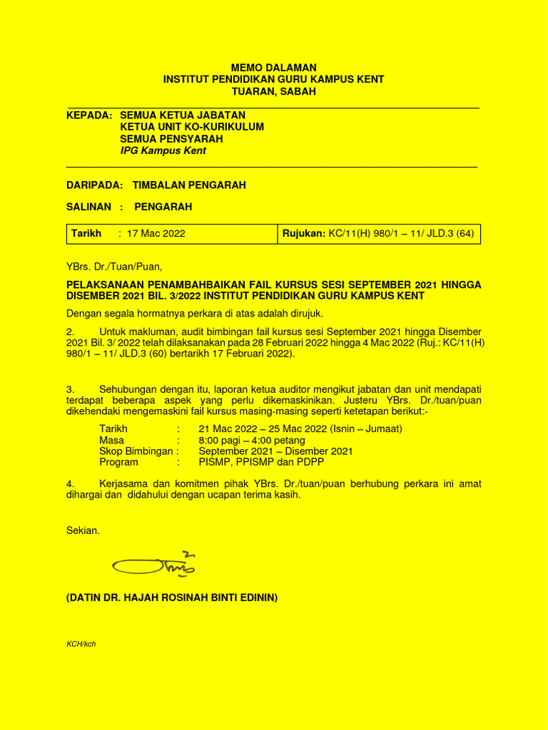 MEMO DALAMAN pelaksanaan penambahbaikan Fail Kursus Bil 3 2022 | PDF