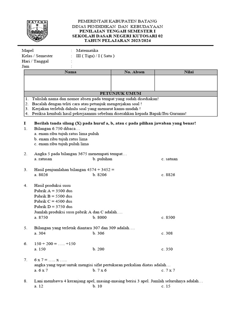 PTS 1 MTK KELAS 3 | PDF