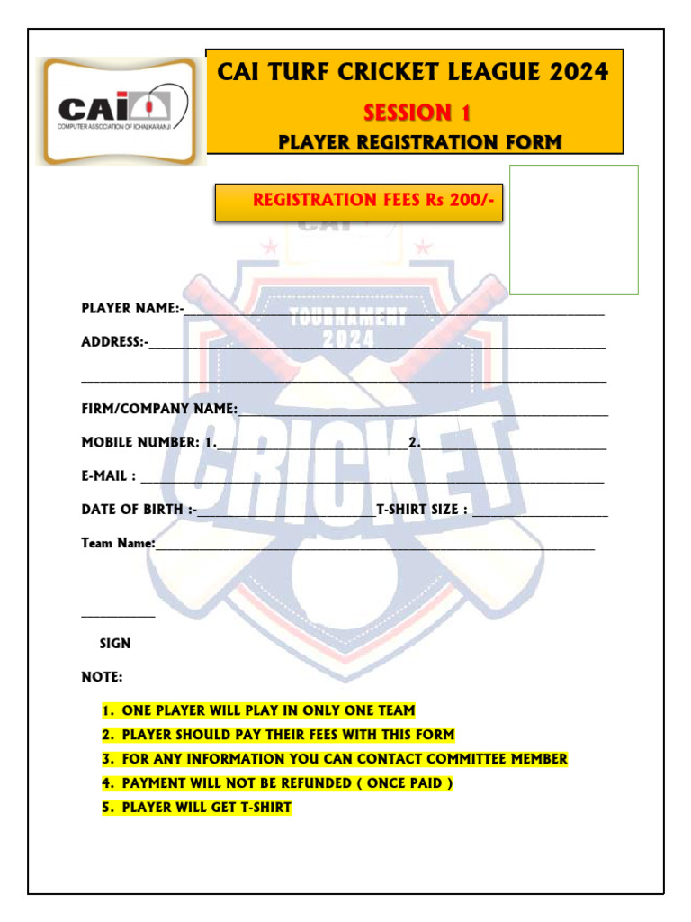 Cricket Player Registration Form 2024 | PDF | Business | Technology ...