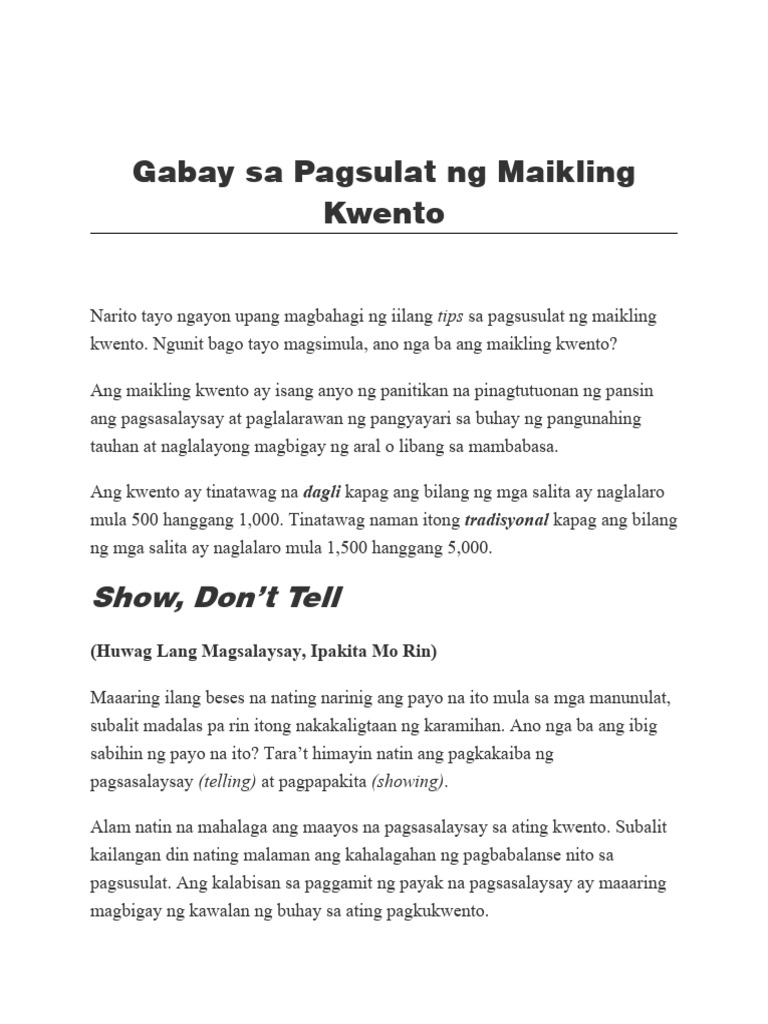 Gabay Sa Pagsulat NG Maikling Kwento | PDF Gabay Sa Pagsulat NG Maikling Kwento | PDF