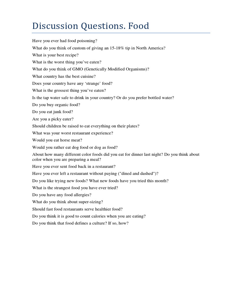 Food Discussion Questions Guide | PDF