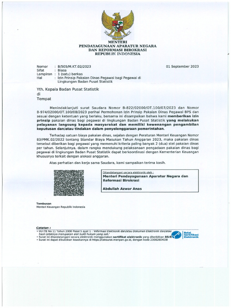 Izin Prinsip Pakaian Dinas BPS-1 | PDF