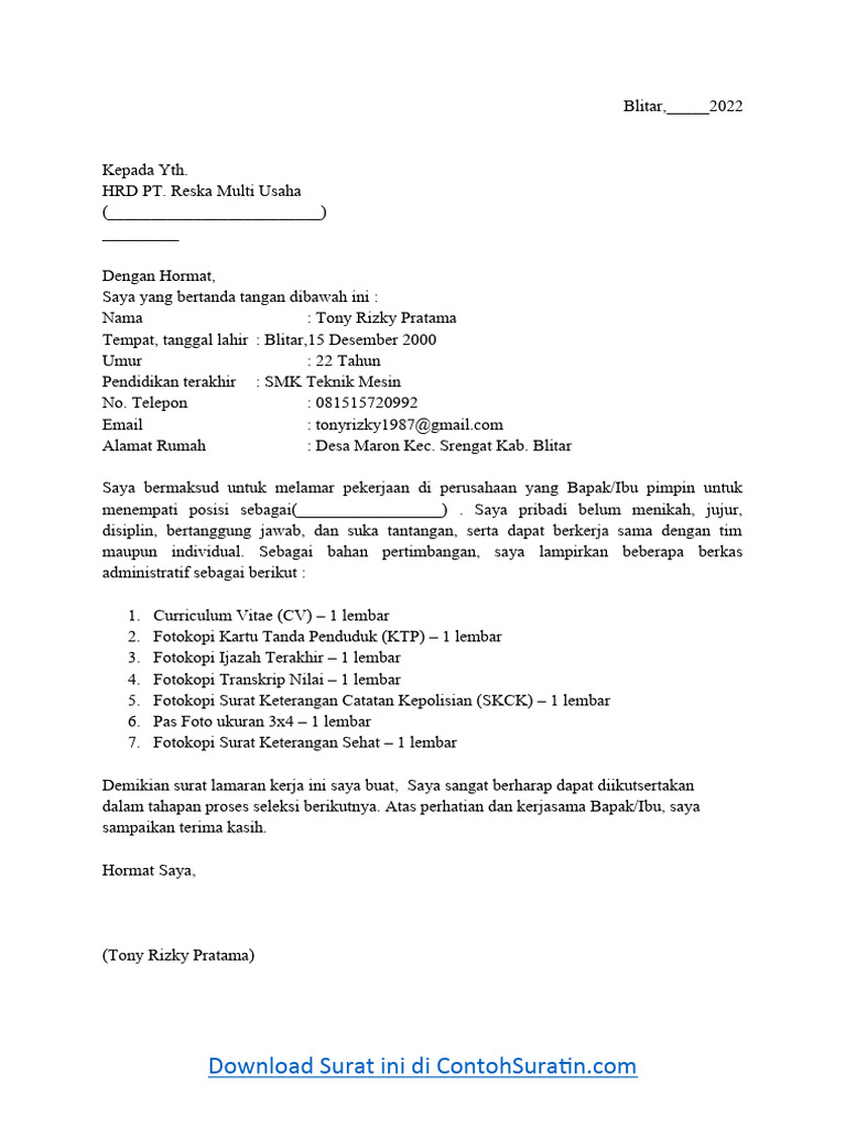 111 - Contoh Surat Lamaran Kerja PT Reska Multi Usaha | PDF