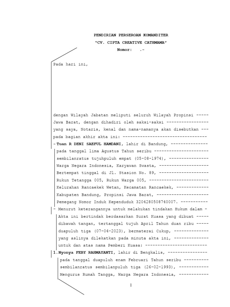 Konsep Akta Pendirian Cv. Cipta Creative Cathmama | PDF