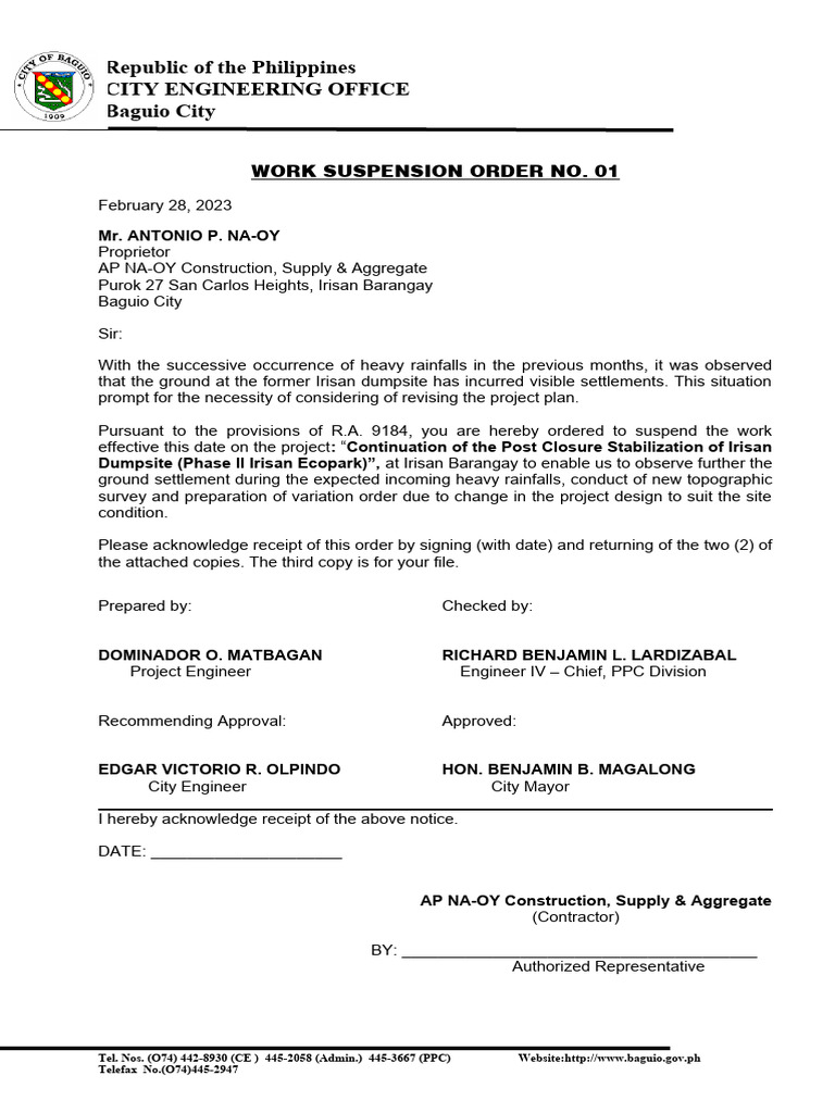 Work Suspension Notice: Irisan Project | PDF | Home & Garden | Science ...