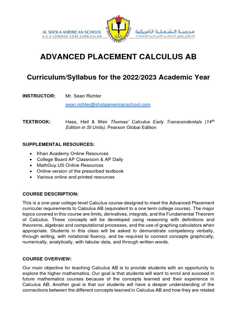 AP Calculus AB Curriculum (2022~2023) | PDF