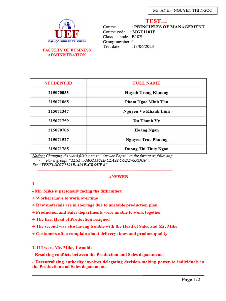 MGT1101E Principles of Management Test | PDF | Vietnam