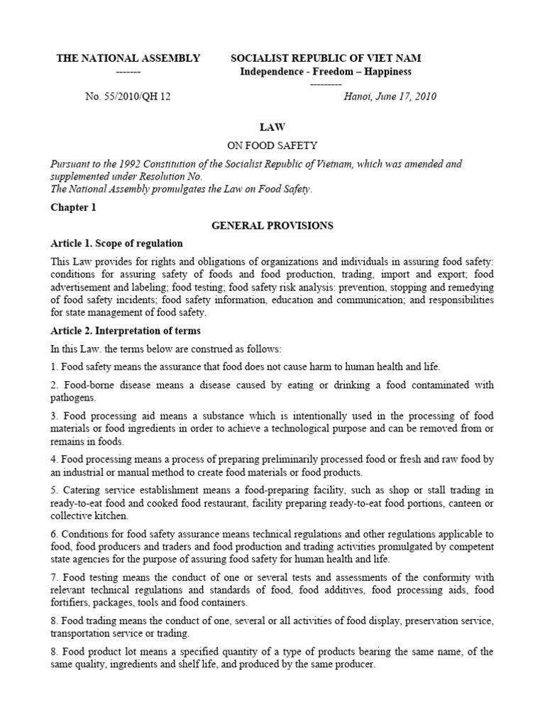 Law On Food Safety 2010 - 55 - 2010 - QH12 - 114054 | PDF | Food Safety ...