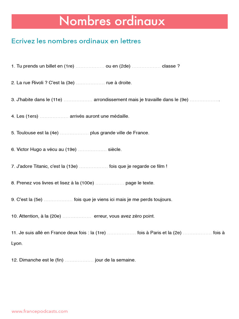Nombres Ordinaux Exercices Et Corrigé 1 | PDF | Maison et jardin