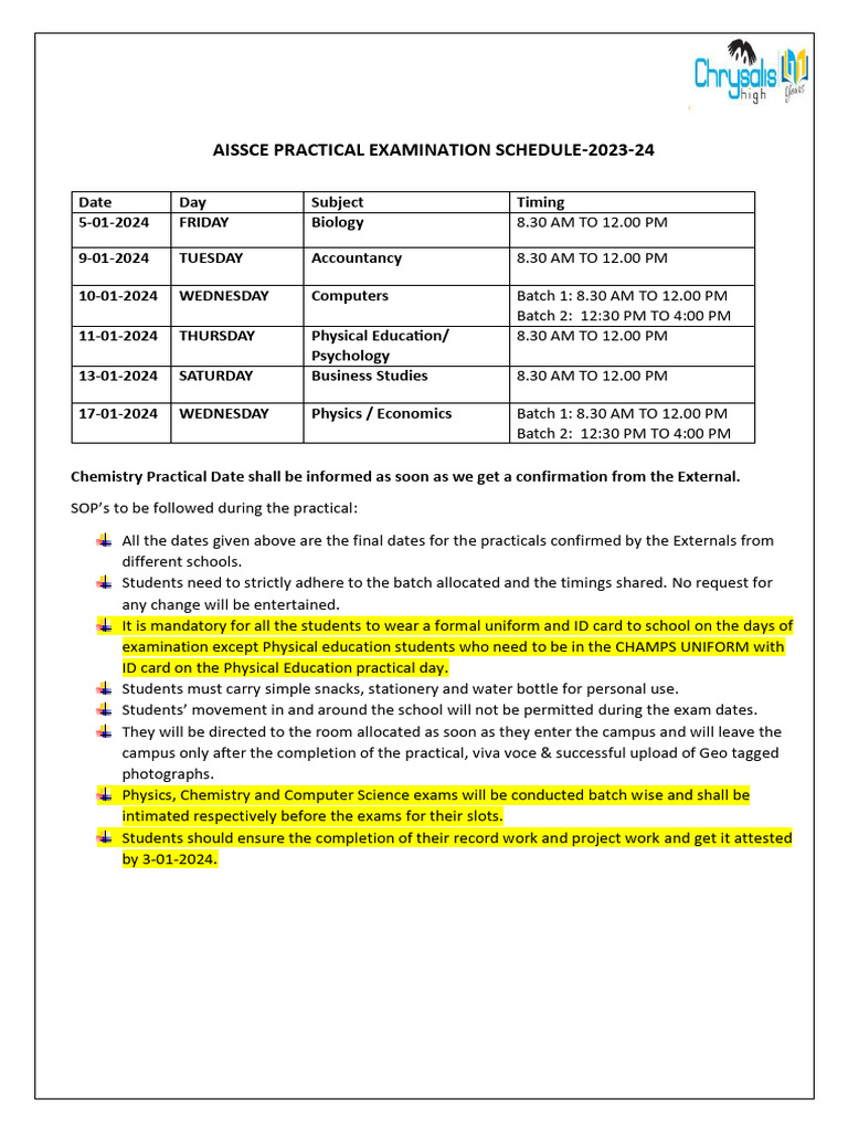 Grade-XII Practicals Schedule (2023-24) With SOPs | PDF | Technology & Engineering
