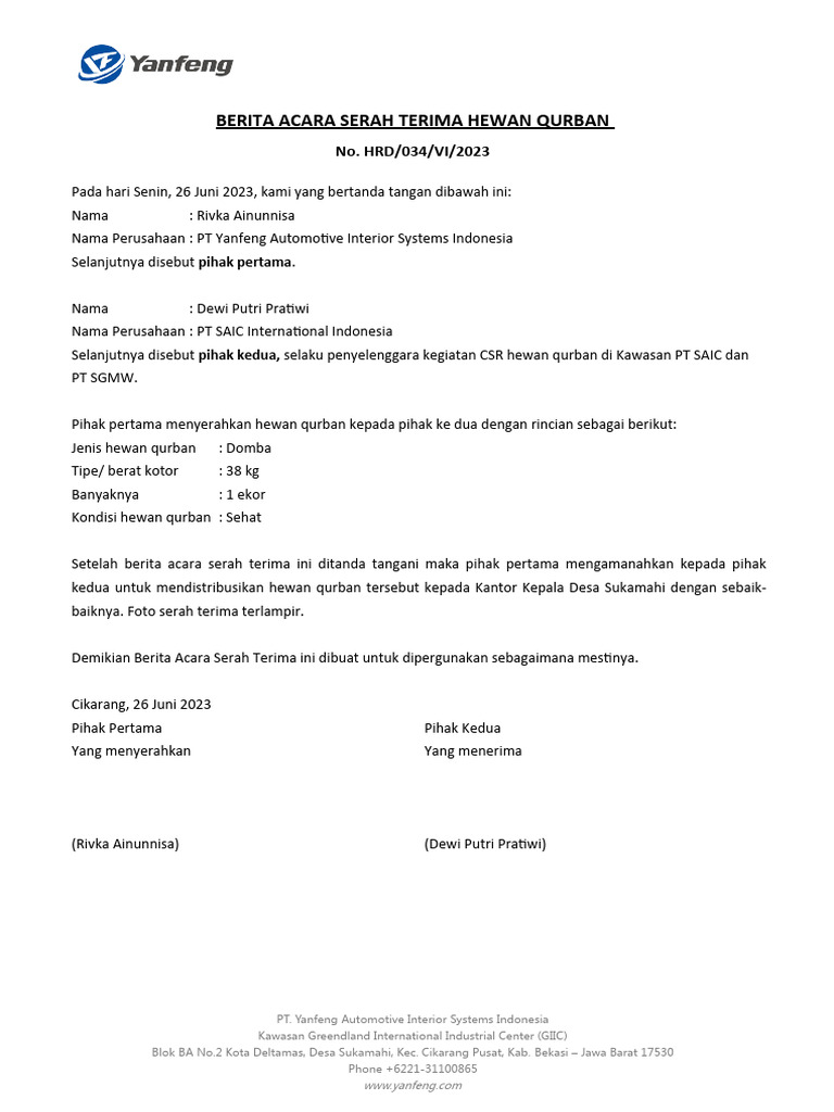 Berita Acara Serah Terima Hewan Qurban | PDF Berita Acara Serah Terima Hewan Qurban | PDF