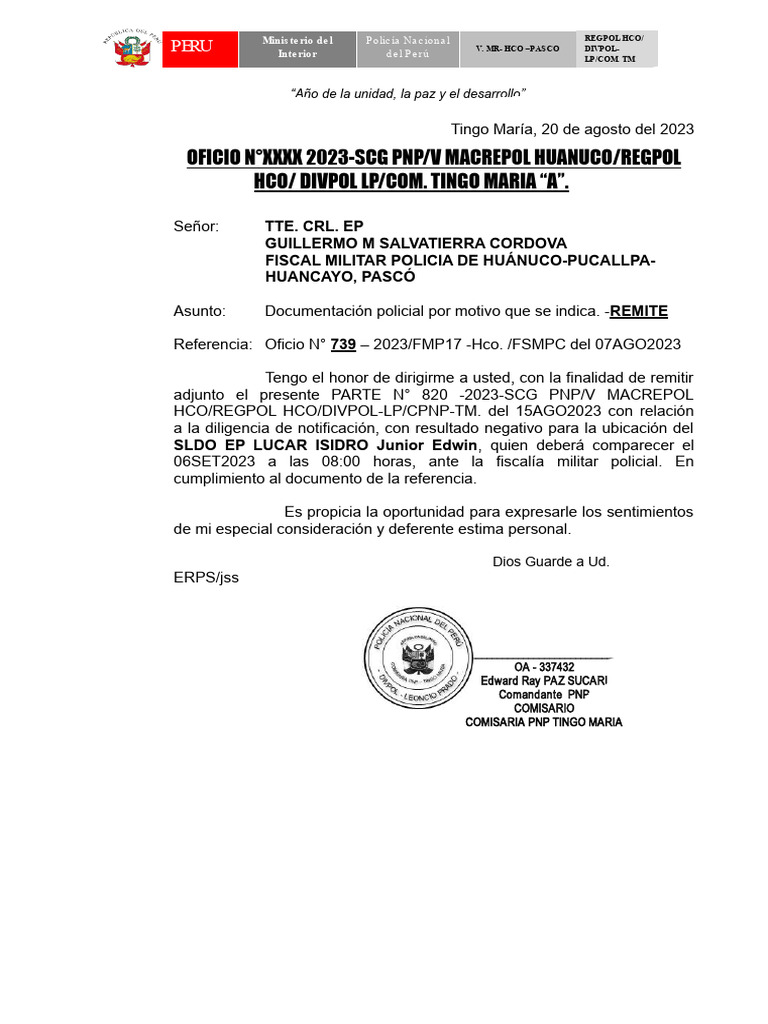 Oficio SLDO EP ÑUCAR ISIDRO Junior Edwin | PDF