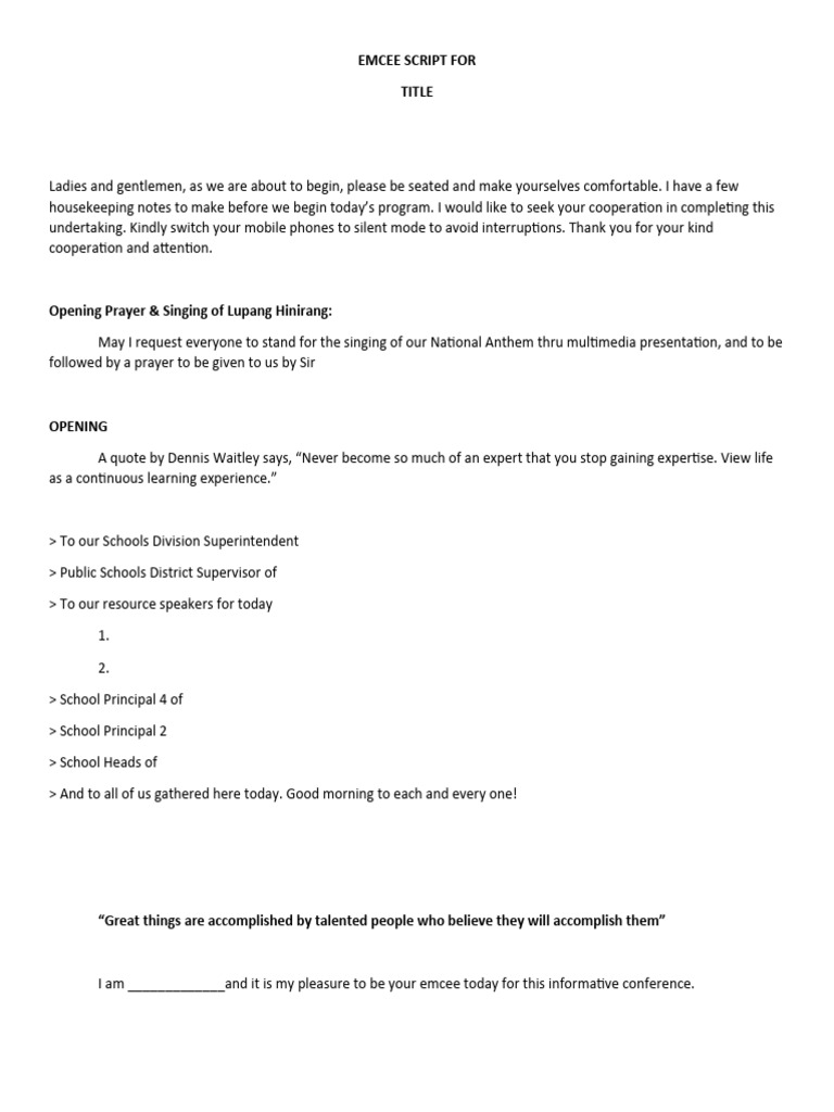 EMCEE SCRIPT FOR TRAINING | PDF