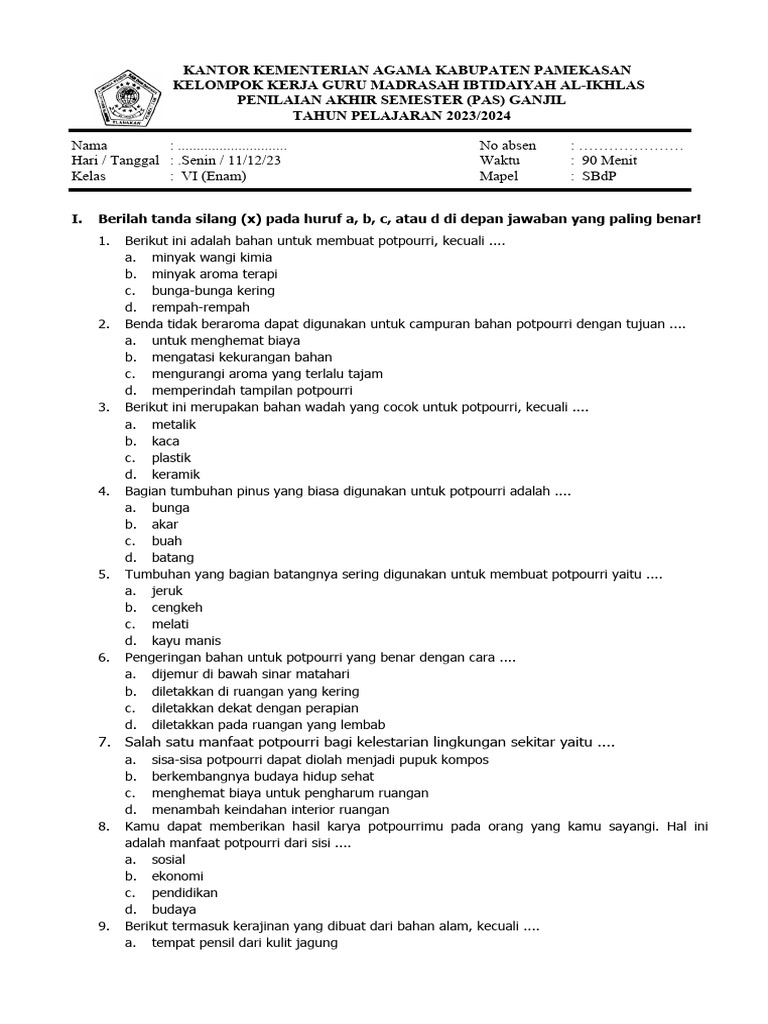 Soal PAT SBDP Kelas 6 + Kunci Jawaban | PDF