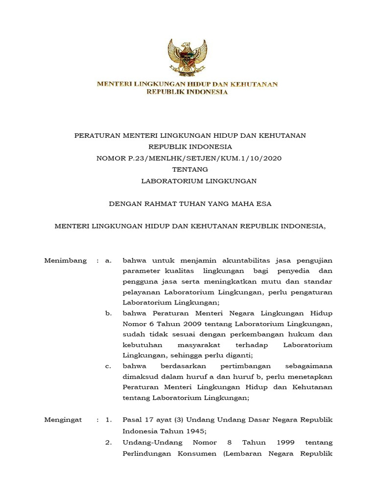Permen LHK Nomor 23 Tahun 2020 Tentang Laboratorium Lingkungan | PDF