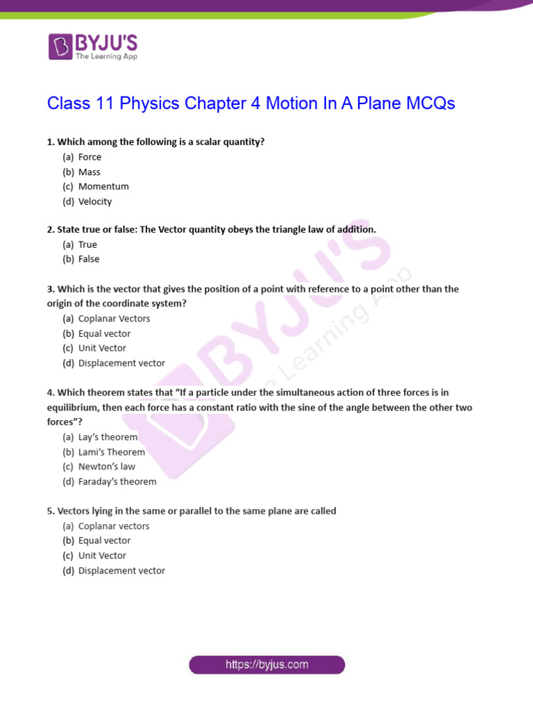 Chapter-4-Motion-In-A-Plane-MCQs | PDF