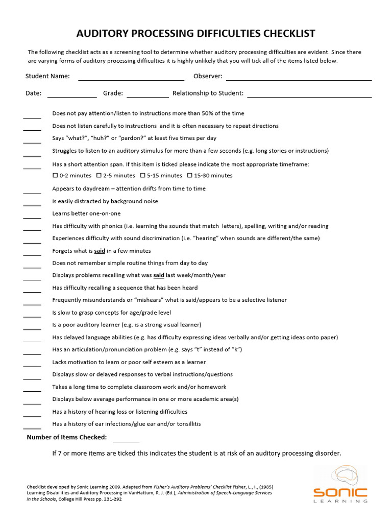 Auditory Processing Difficulties Checklist | PDF