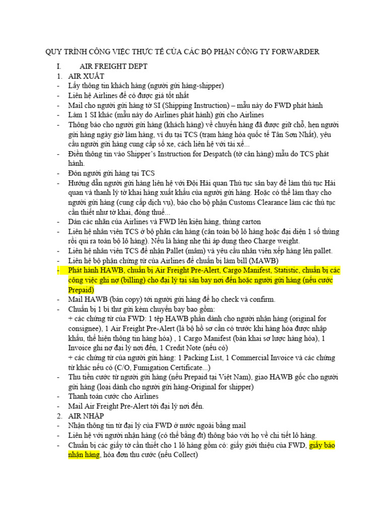 QUY TRÌNH CÔNG VIỆC THỰC TẾ CỦA CÁC BỘ PHẬN CÔNG TY FORWARDER | PDF