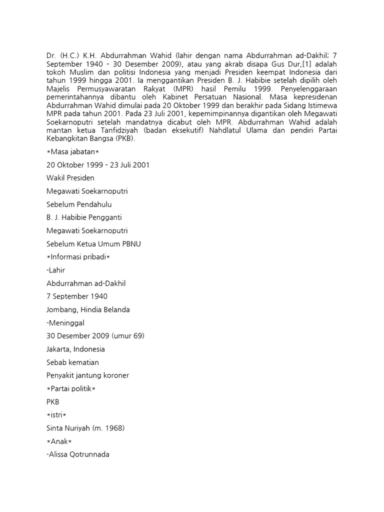 Biografi Gus Dur | PDF | Politik | Sejarah Biografi Gus Dur | PDF | Politik | Sejarah