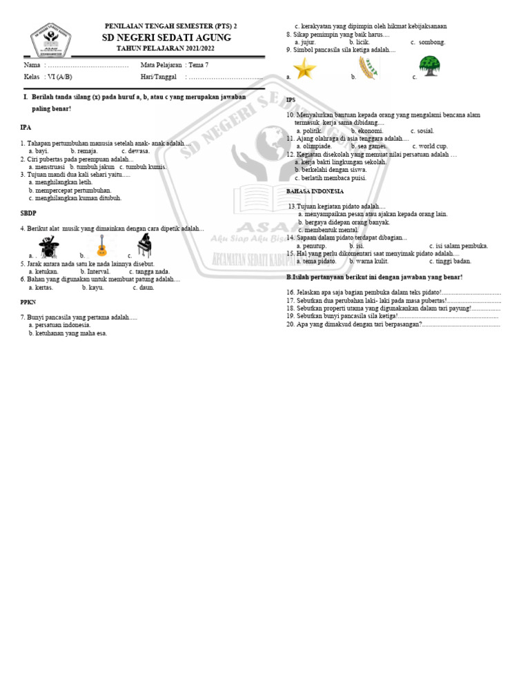 Soal Uts Tema 7 2022 Kelas 6 Fix | PDF