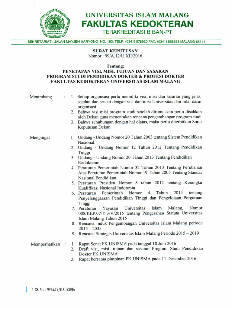 Salinan SK DEKAN TENTANG PENETAPAN VISI, MISI, TUJUAN DAN SASARAN PRODI PEND. DOKTER - PROFESI ...