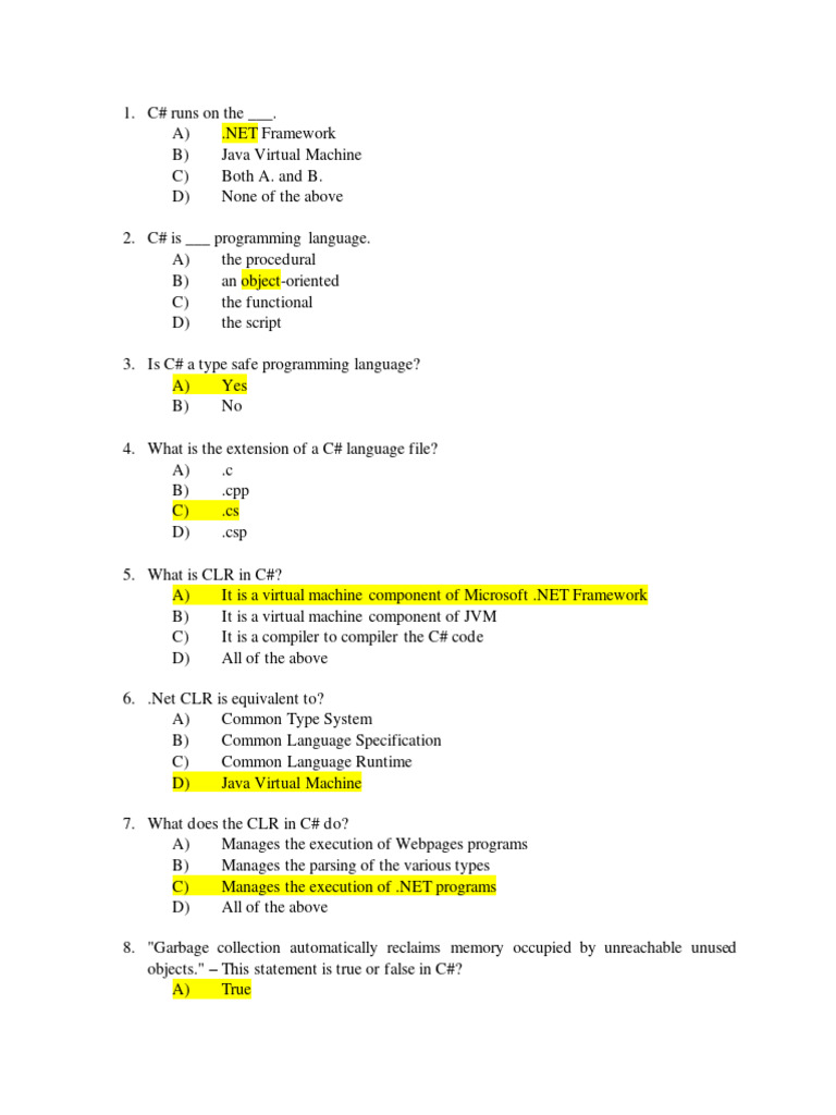 Csharp Multiple Choice | PDF