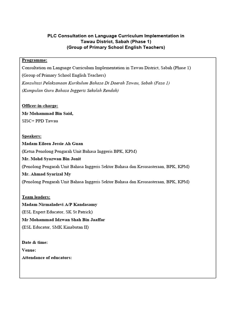 PLC on Language Curriculum in Tawau | PDF | Learning | Human Communication