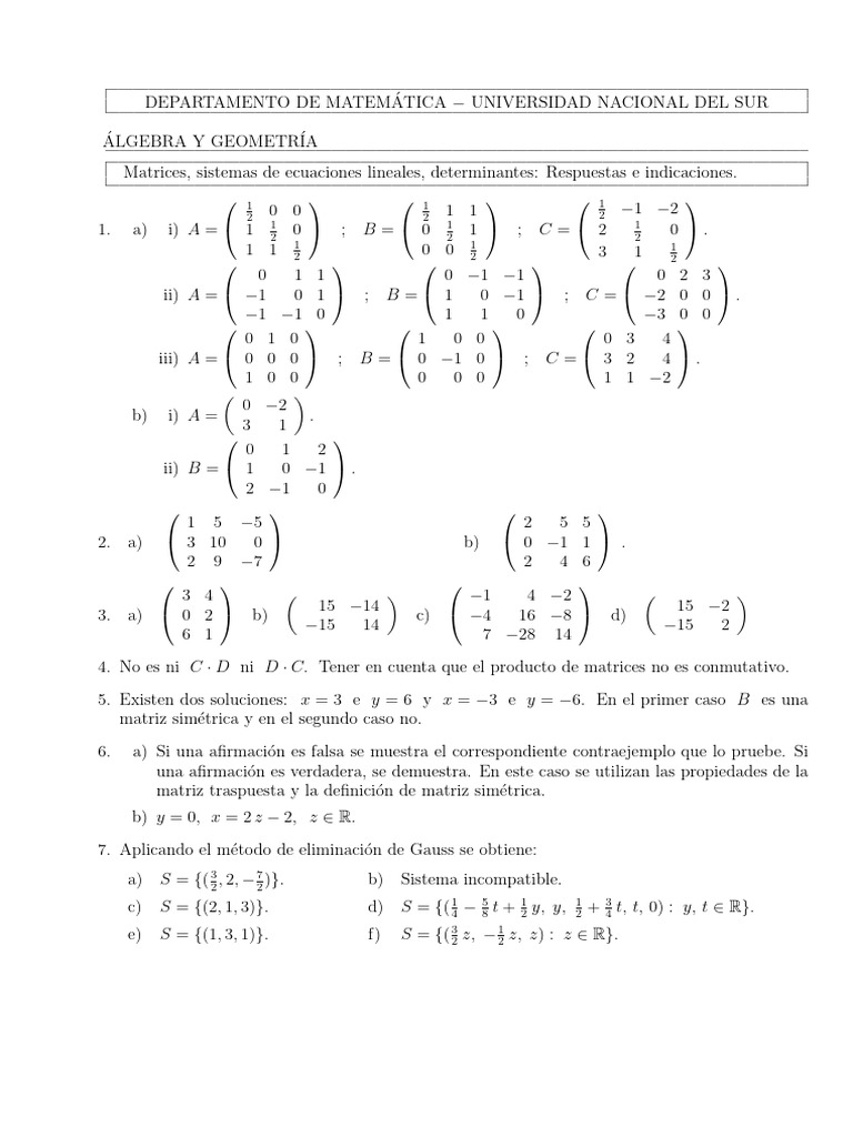 Respuestas Matrices | PDF | Determinante | Matriz (Matemáticas)