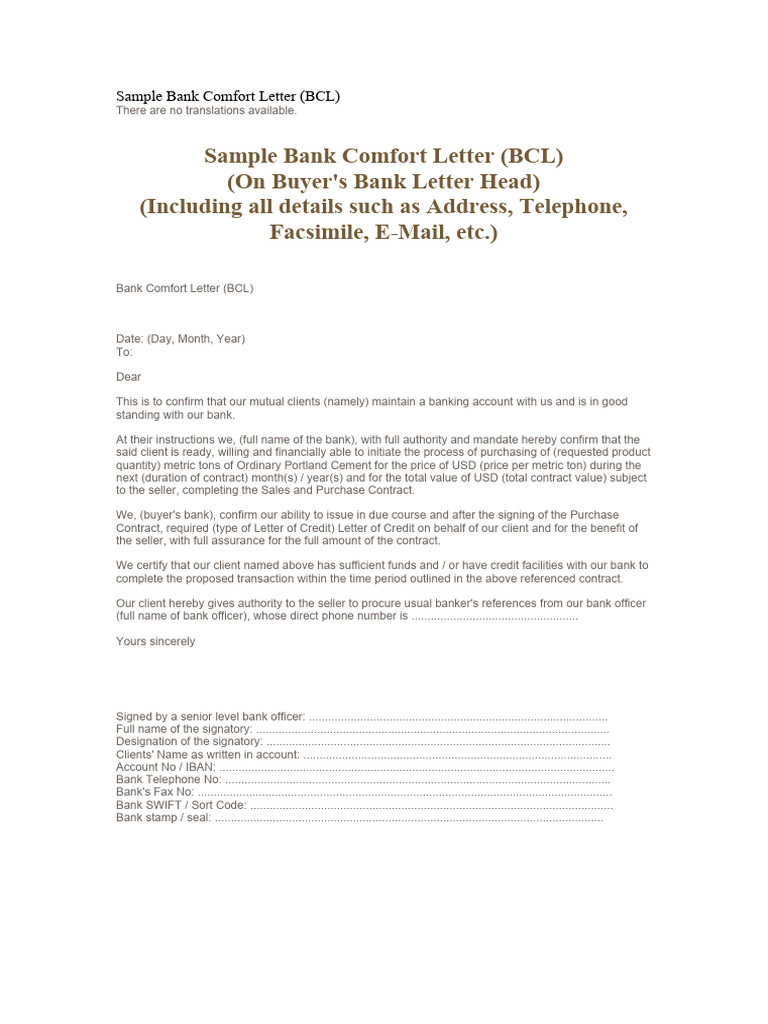 Bank Comfort Letter BCL Sample | PDF | Banks | Letter Of Credit