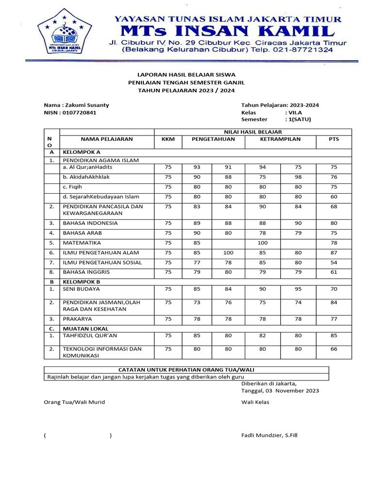 Rapot PTS - Kelas 7 - A 2023 | PDF