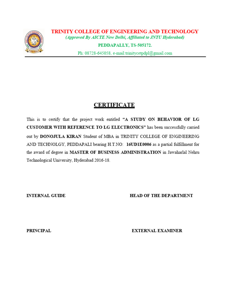 TRINITY PDPL MBA PROJECT CERTIFICATES | PDF | Master Of Business ...