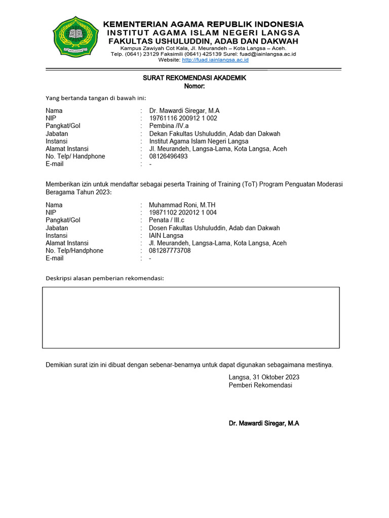 Surat Rekomendasi ToT M Roni | PDF