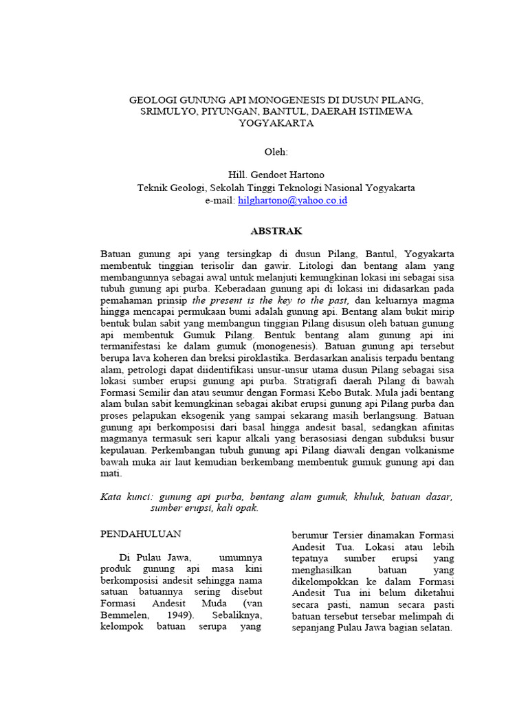 GEOLOGI GUNUNG API MONOGENESIS DI DUSUN PILANG, SRIMULYO, PIYUNGAN ...
