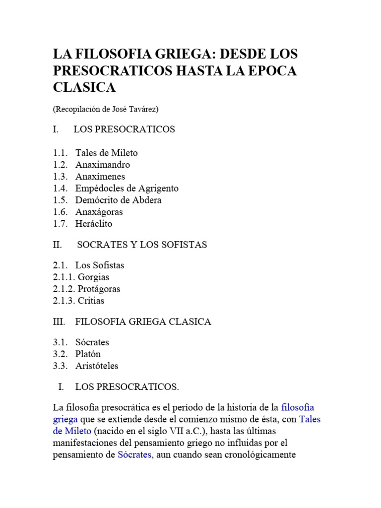 La Filosofia Griega Desde Los Presocraticos Hasta La Epoca Clasica | PDF | Filosofía | Clásicos