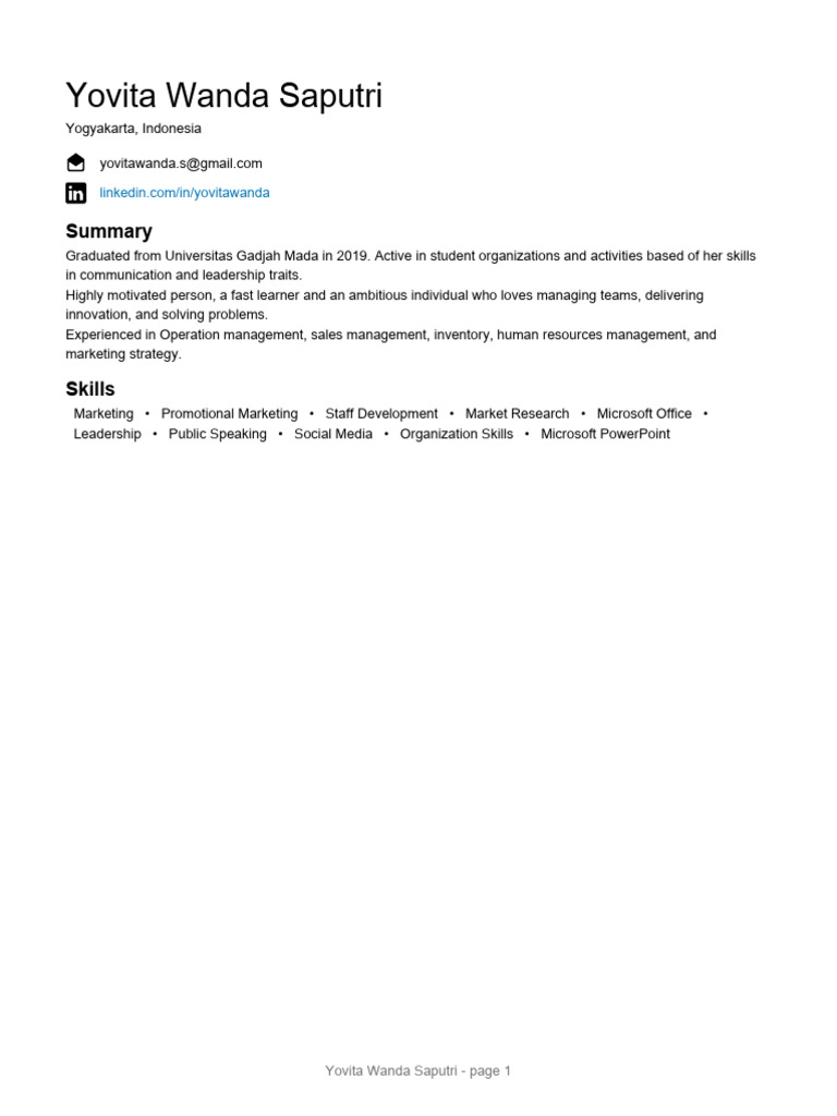 Yovita Wanda Saputri: Marketing & Leadership Expert | PDF | Career ...
