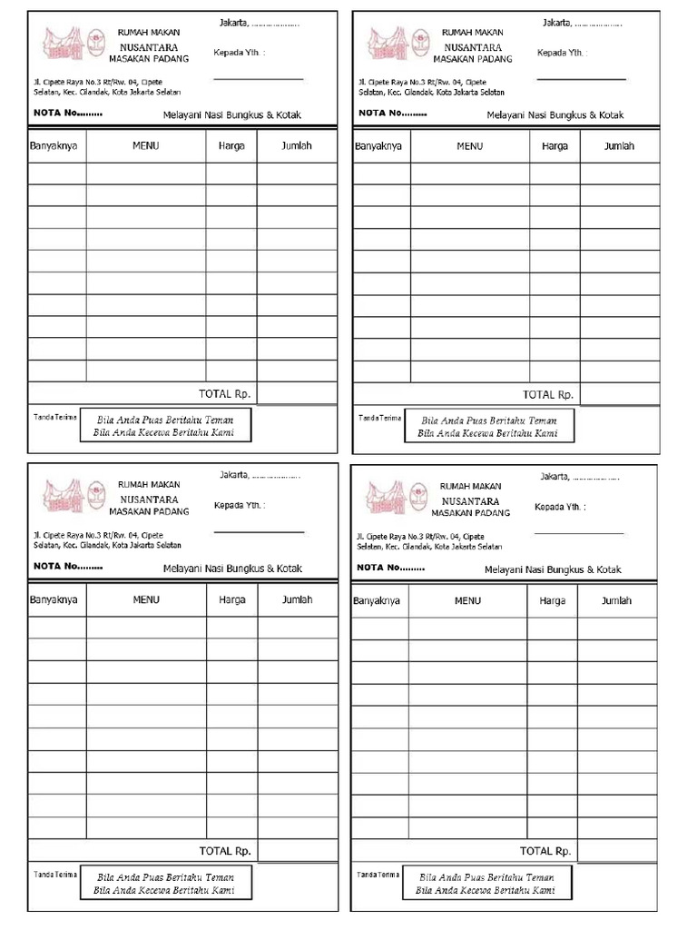 Nota Rumah Makan Word Siap Print | PDF
