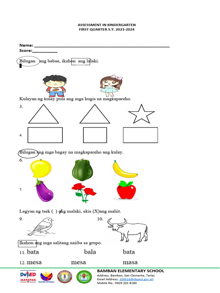 Kinder 1st Quarter Assessment | PDF
