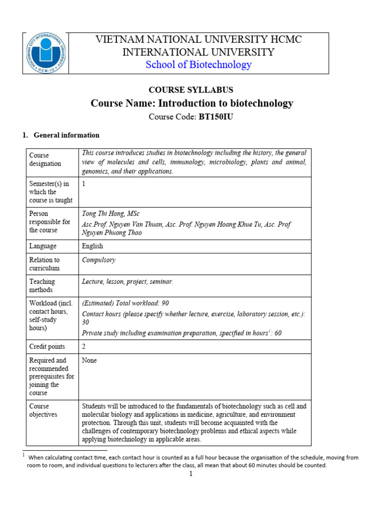 Introduction to Biotechnology Course Syllabus | PDF | Wellness ...