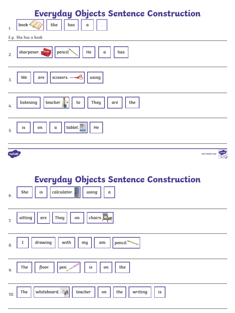 Objects Sentence Construction Activity Sheet | PDF