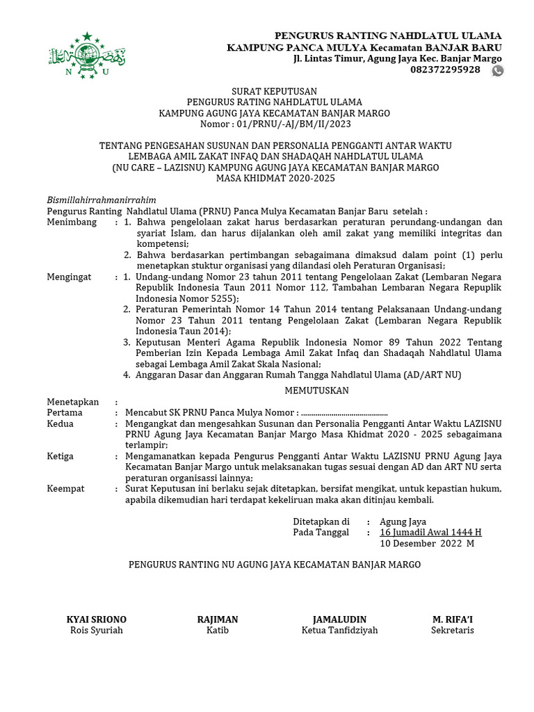 Contoh SK UPZISNU PRNU - Perubahan | PDF