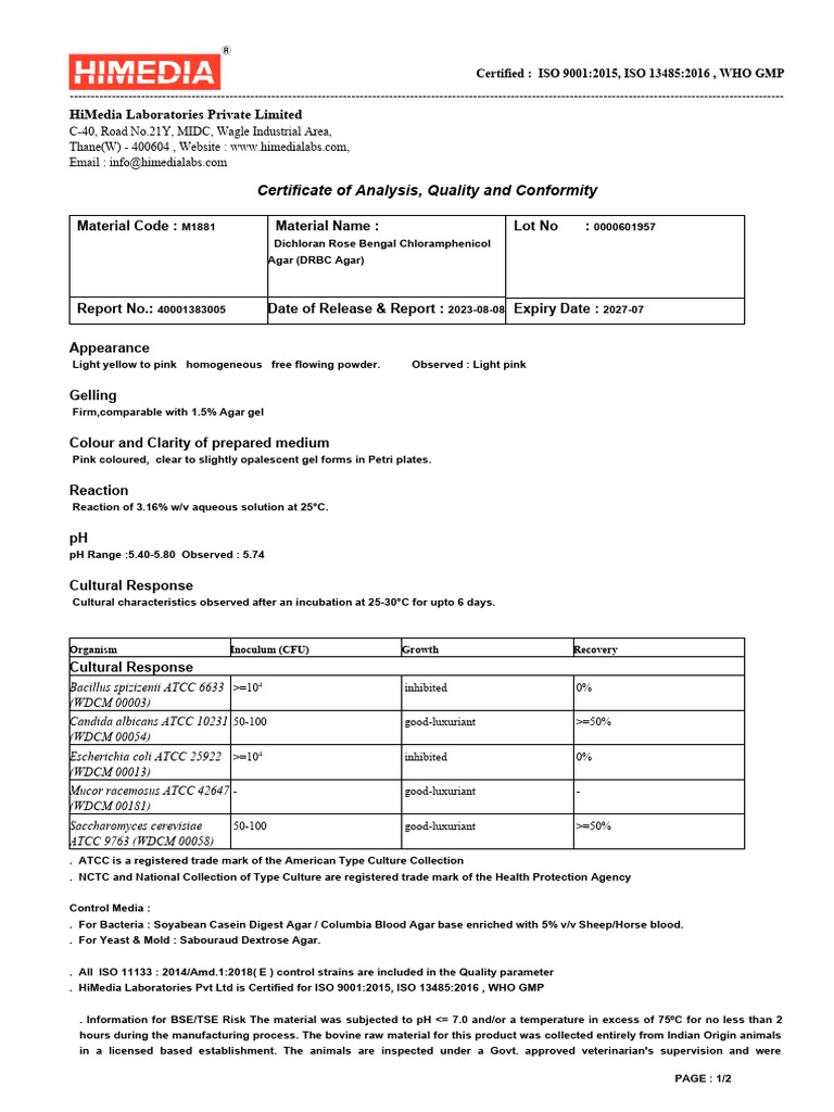 Certificate of Analysis, Quality and Conformity: Himedia Laboratories ...