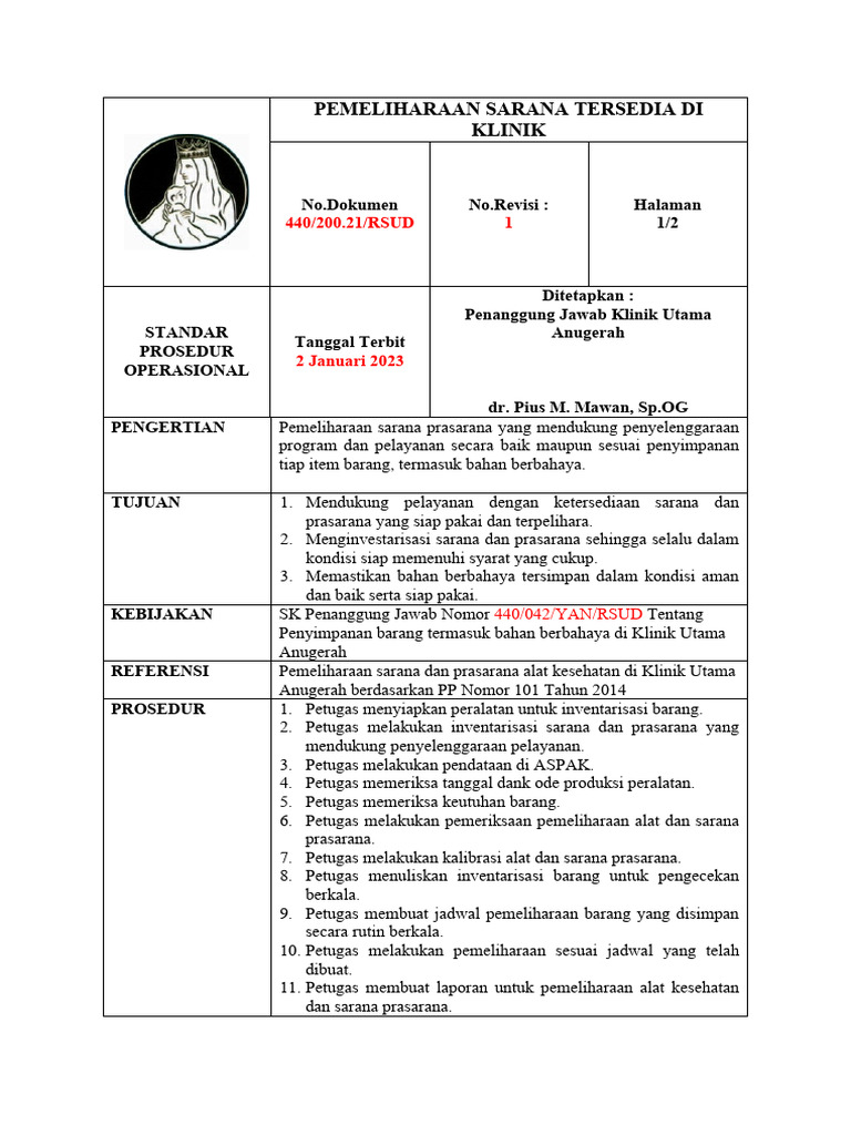 4.2 SPO Pemeliharaan Sarana Yang Tersedia Di Klinik Fix | PDF