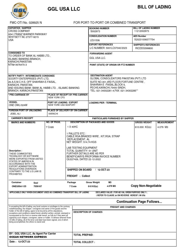 Bill of Lading Usa GGL S002973 2023 10 19 031627 | PDF