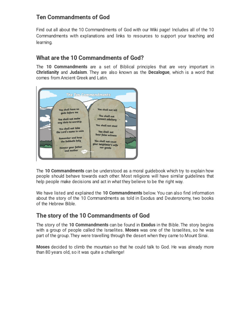 10 Commandments of God Teaching Wiki For Kids - Twinkl | PDF