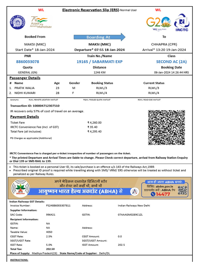 Sabarmati Exp Second Ac (2A) : WL WL | PDF