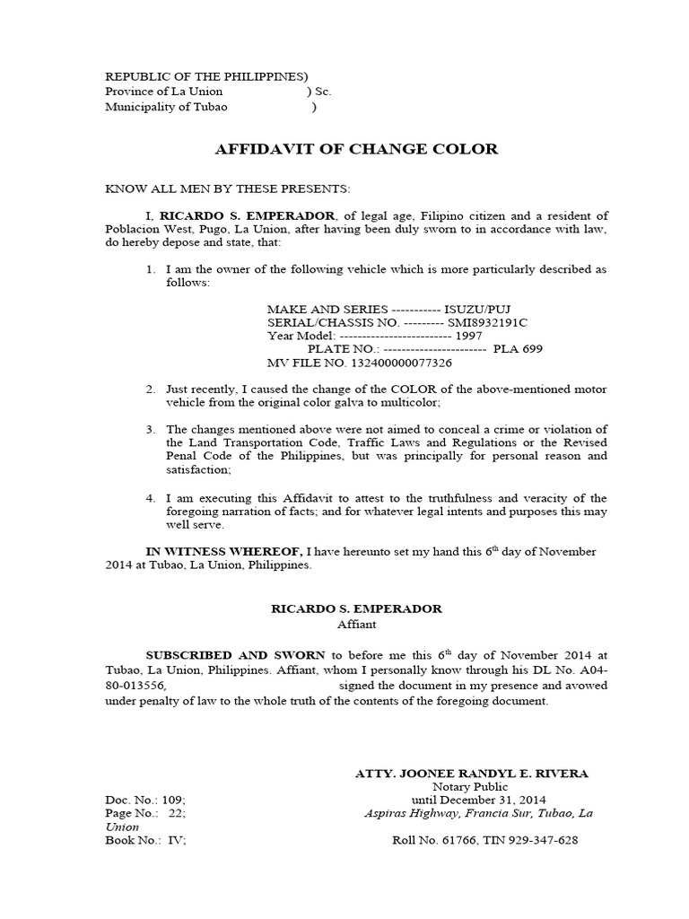 Affidavit of Change Color.emeperador | PDF | Affidavit | Evidence