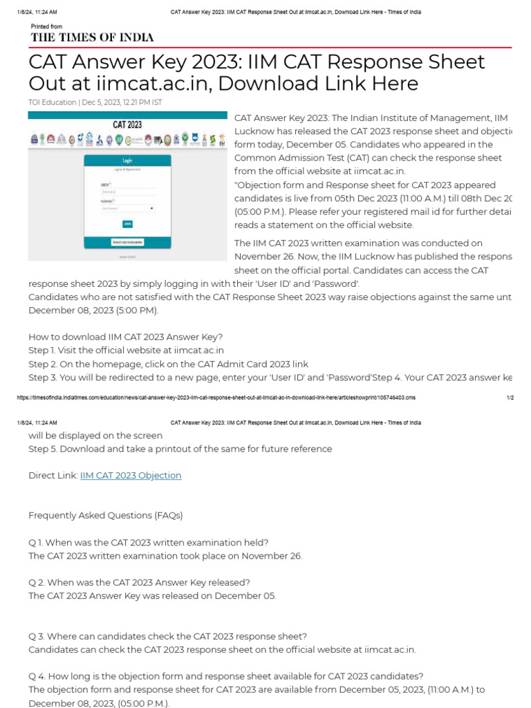 CAT Answer Key 2023: IIM CAT Response Sheet Out at Iimcat - Ac.in, Download Link Here | PDF