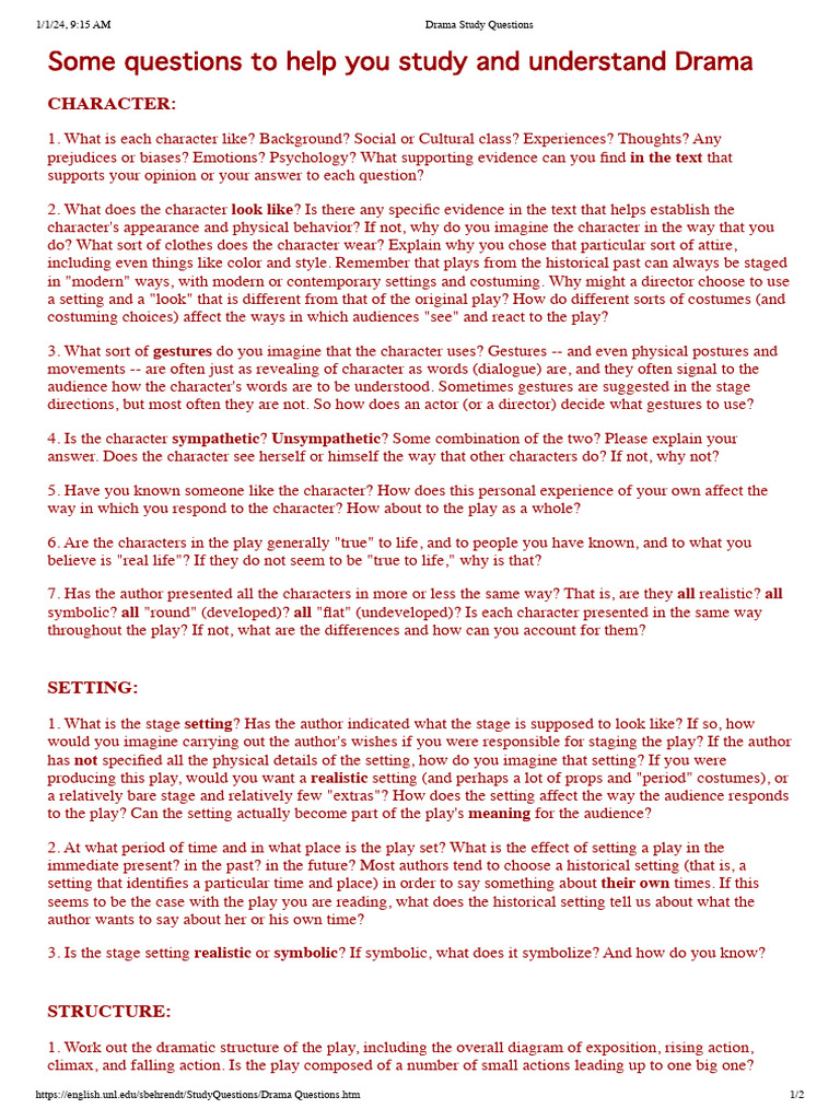 Drama Study Questions | PDF | Play (Theatre) | Psychology
